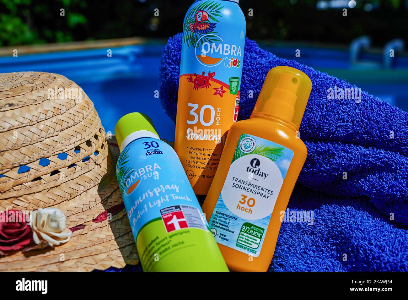 Berlin, Germany - July 24, 2022: Anti-sunburn spray on a blue towel by ...