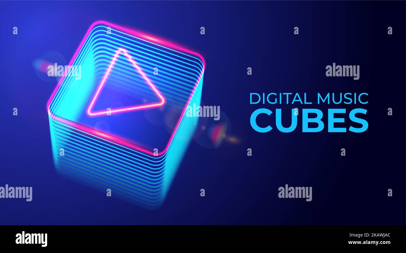Press to play. Neon glowing digital cube with play icon. 3d cyber start ...