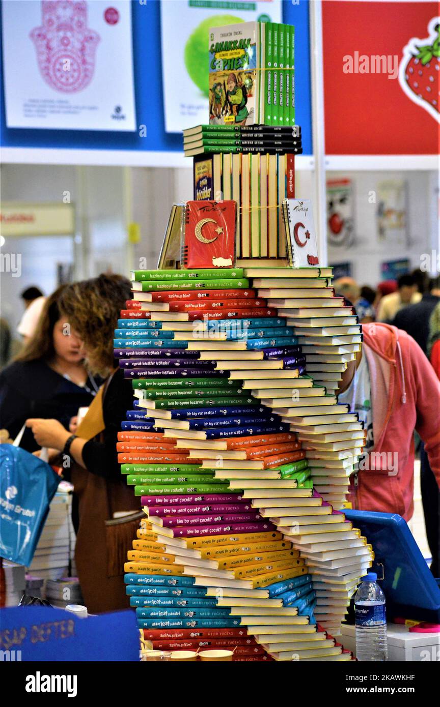 A spiral artwork made with books is seen during the 12th International ...
