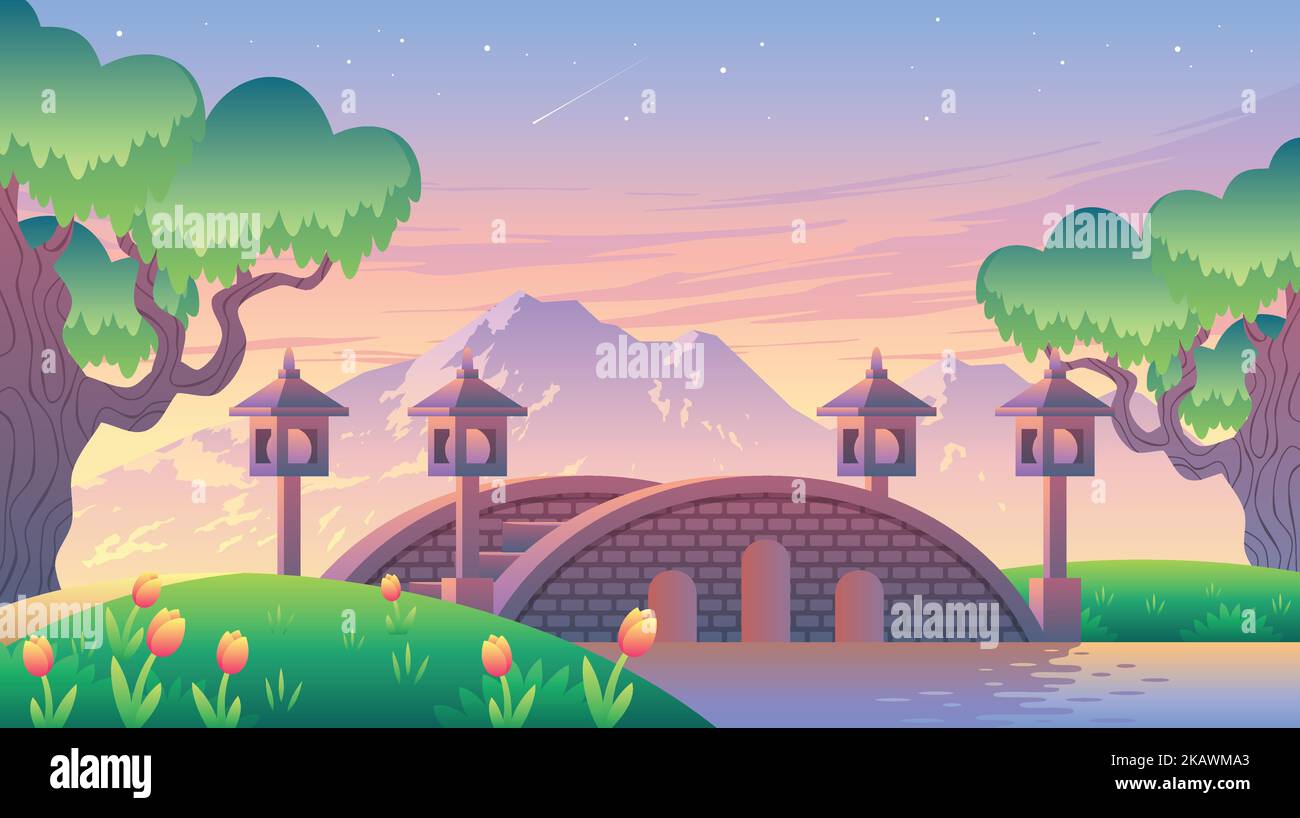 A vector illustration of a bridge over a river surrounded by trees and ...