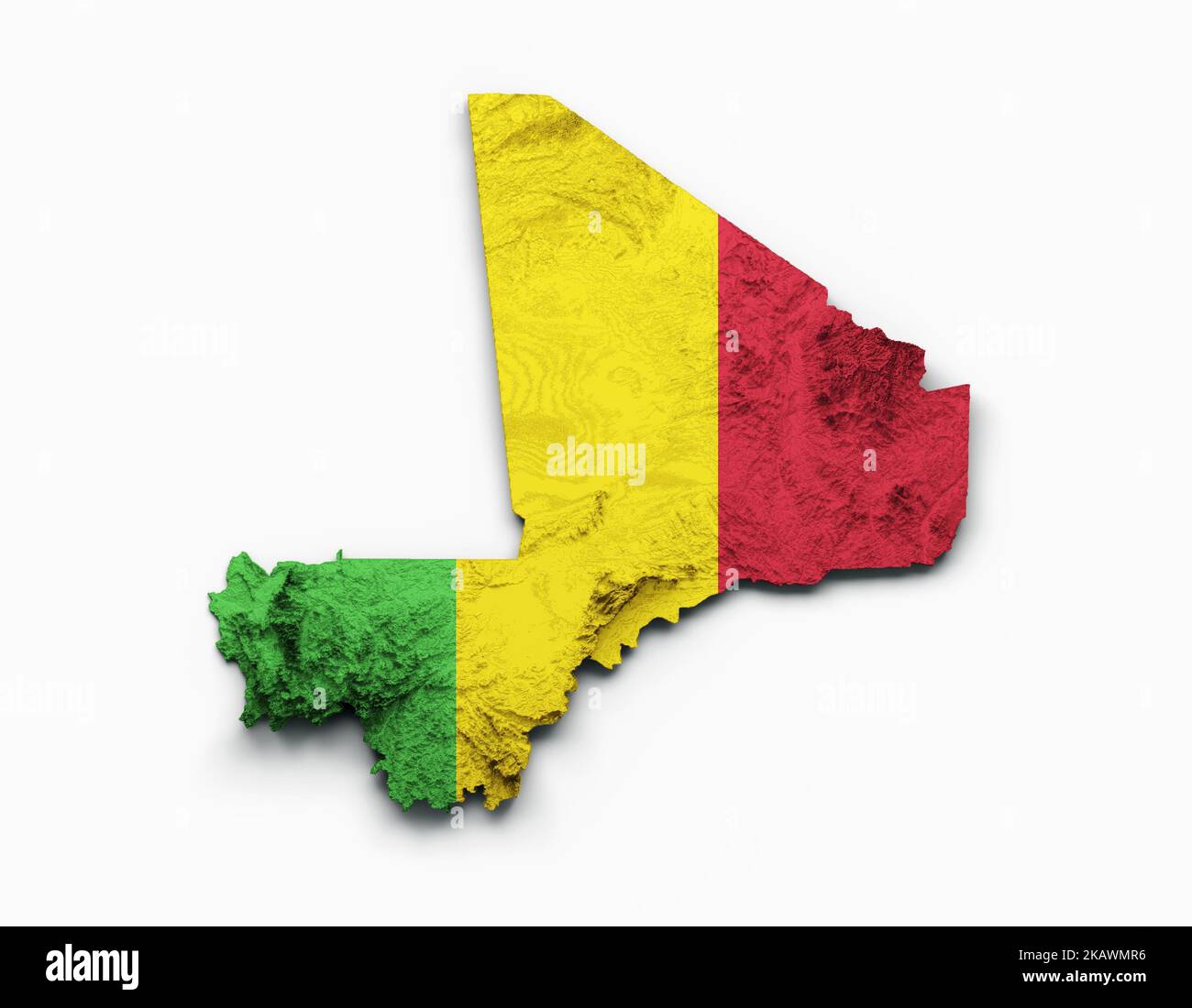 Mali Map Flag Shaded relief Color Height map on white Background 3d ...