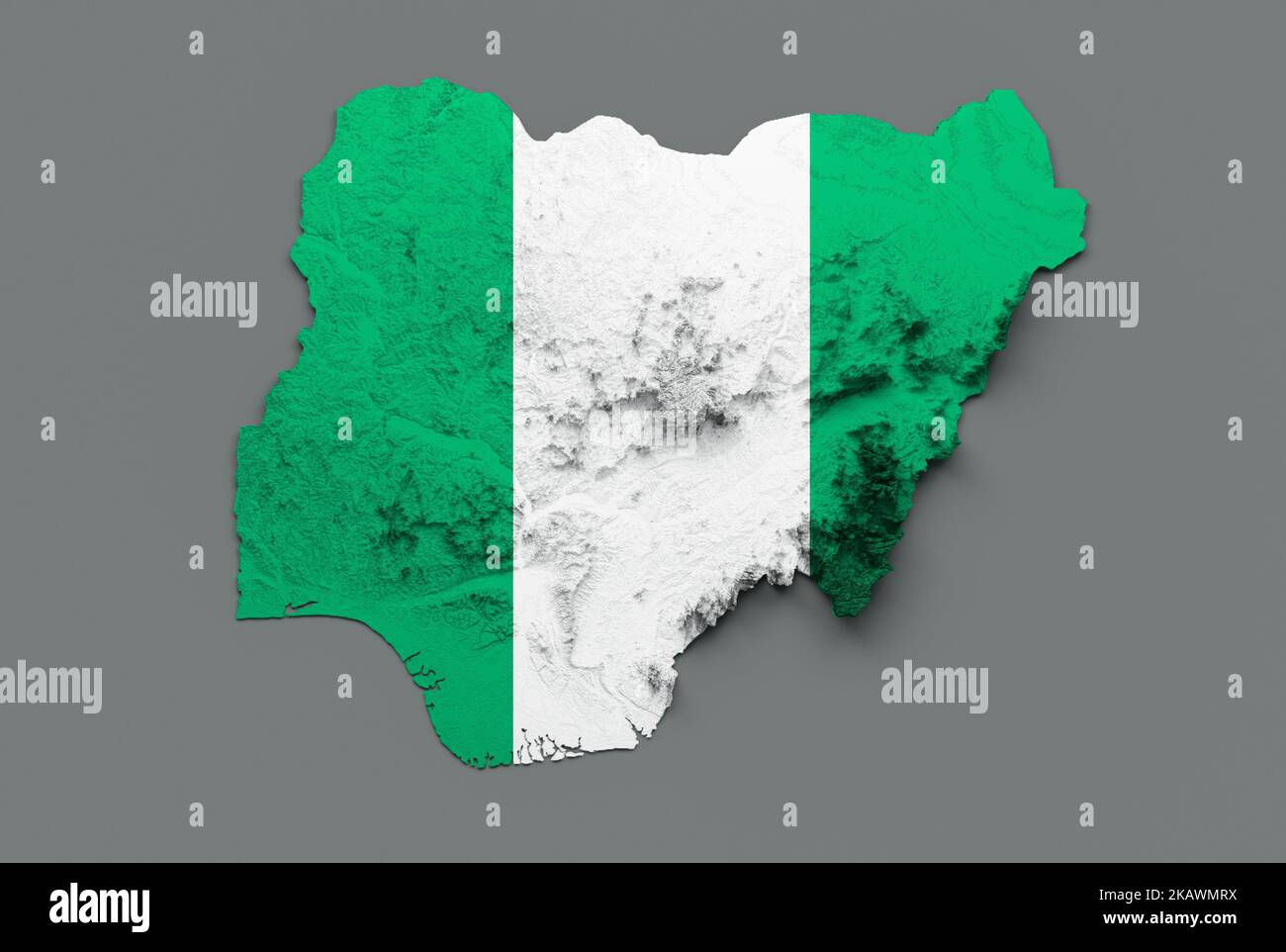 Nigeria Map Flag Shaded relief Color Height map on white Background 3d ...