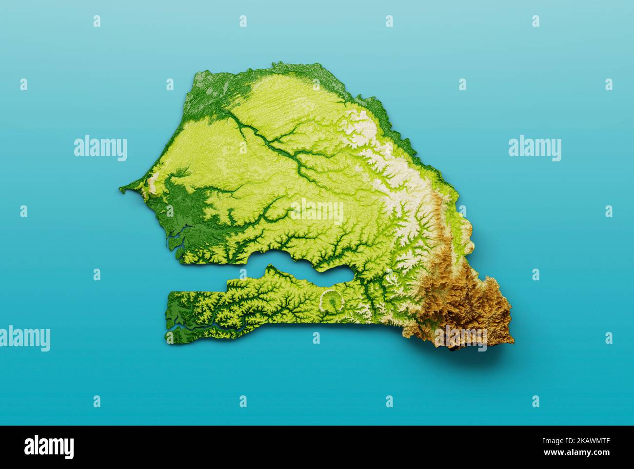 Senegal Map Shaded relief Color Height map on the sea Blue Background ...