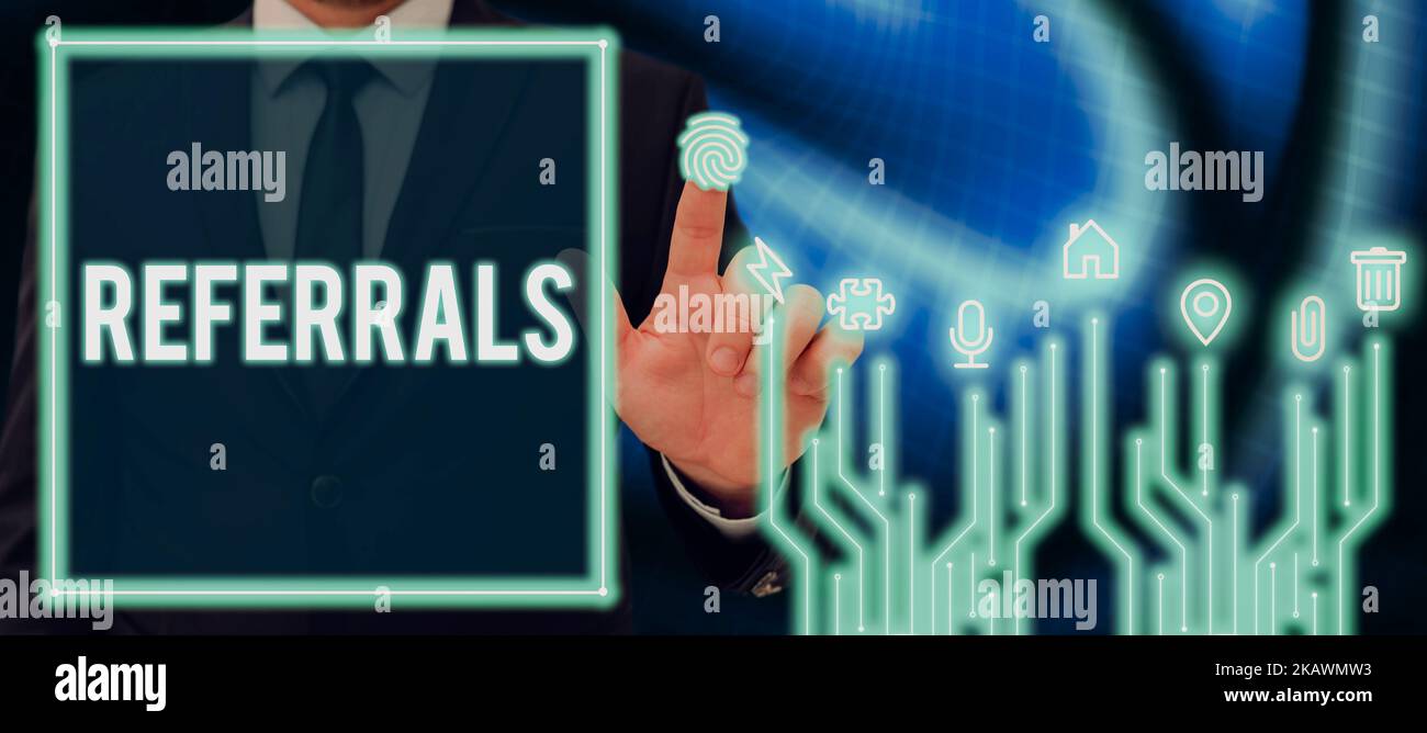 Hand writing sign Referrals. Word Written on conditions that form the ...