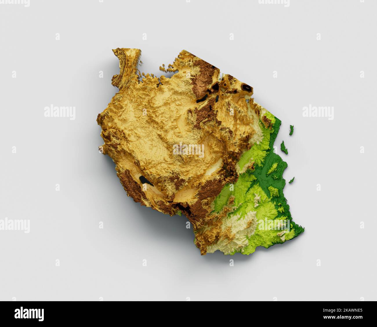 Tanzania Map Shaded relief Color Height map on white Background 3d ...