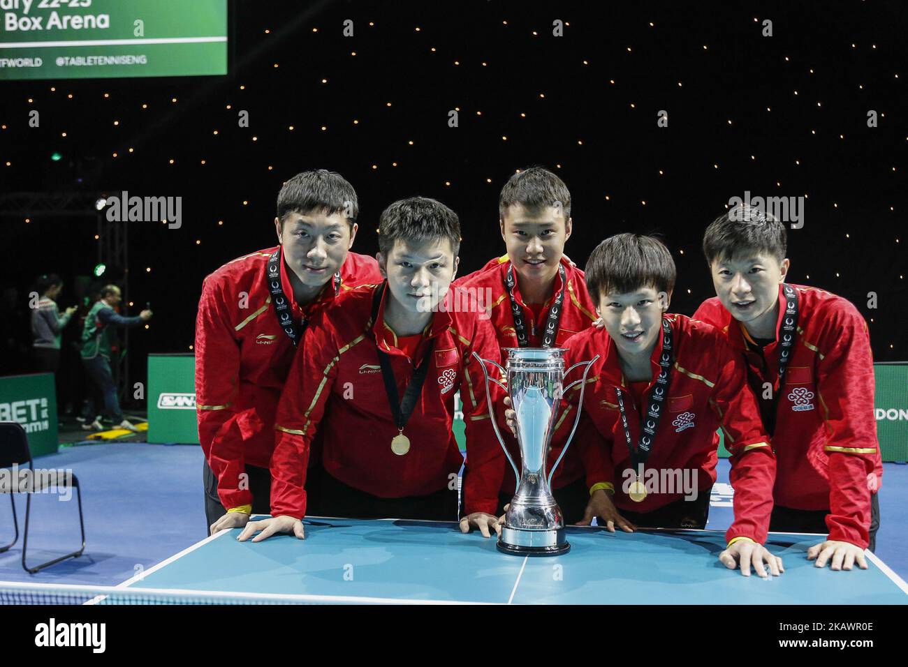 FAN Zhendong, LIN Gaoyuan, XU Xin, MA Long, YU Ziyang and the coach LU ...