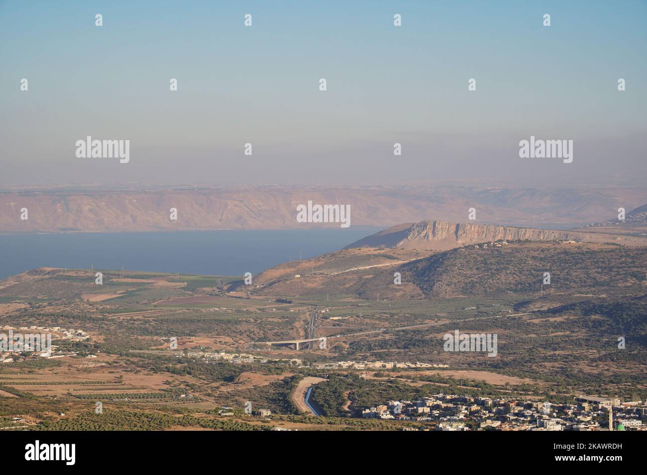 The Sea of Galilee with the village and mount Arbel, Golan Heights in ...