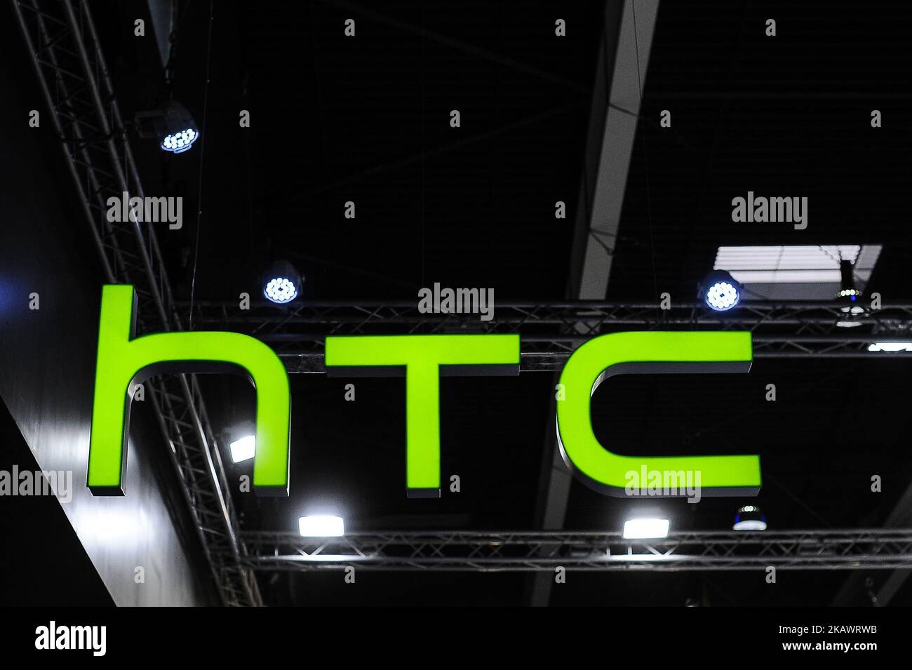 HTC logo, at HTC, pavilion, during theMobile World Congress day 3, on ...