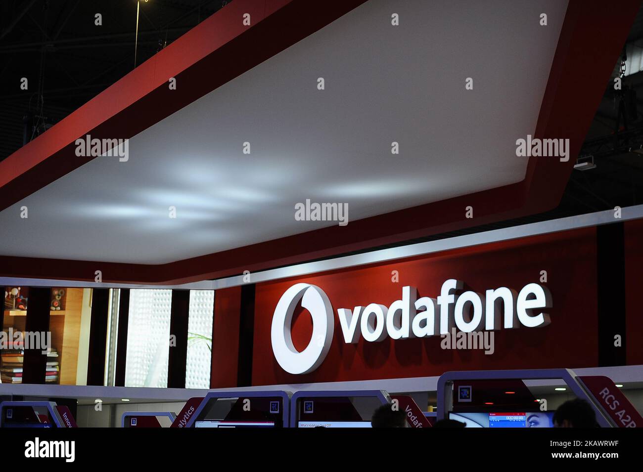 Vodafone logo, at Vodafone pavilion, during theMobile World Congress ...