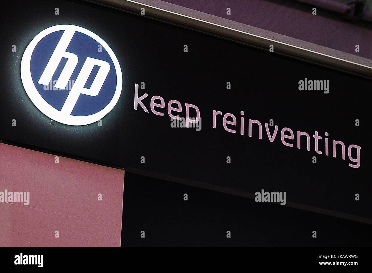 HP logo, at Hewlett-Packard pavilion, during theMobile World Congress ...