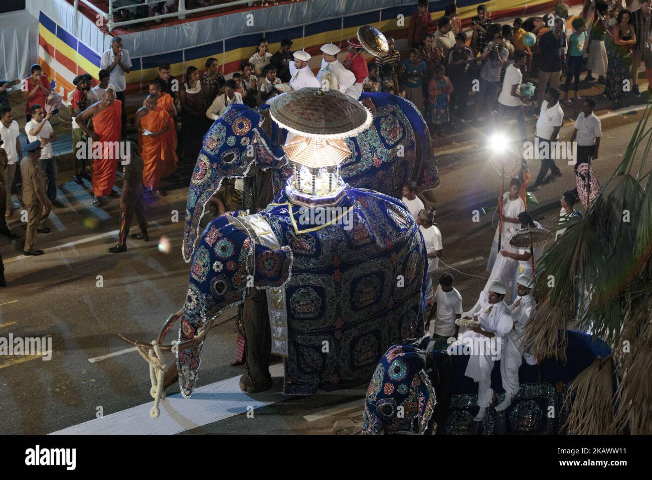 The sacred Buddhist relic casket is carried out by an elephant led by ...