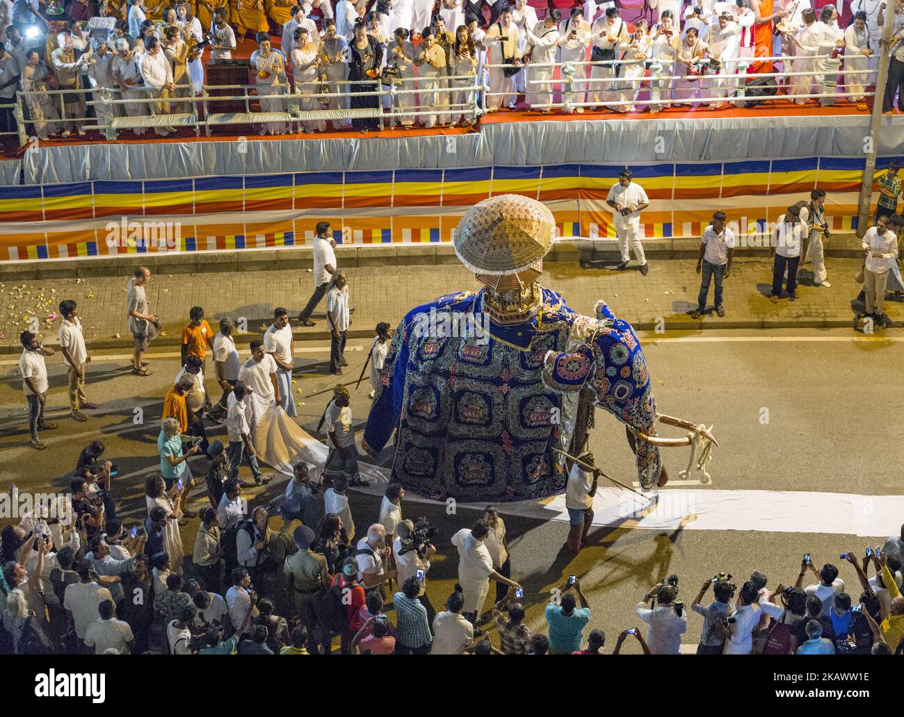 The sacred Buddhist relic casket is carried out by an elephant led by ...