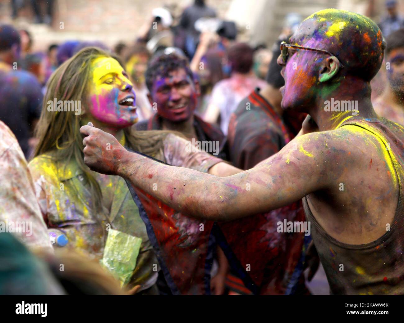 Nepalese covered with colour powder celebrate Holi festival or festival ...