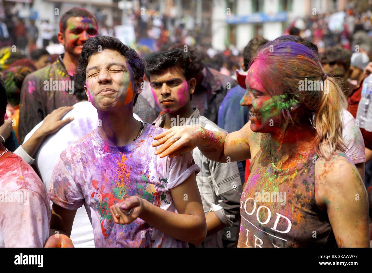 Nepalese covered with colour powder celebrate Holi festival or festival ...