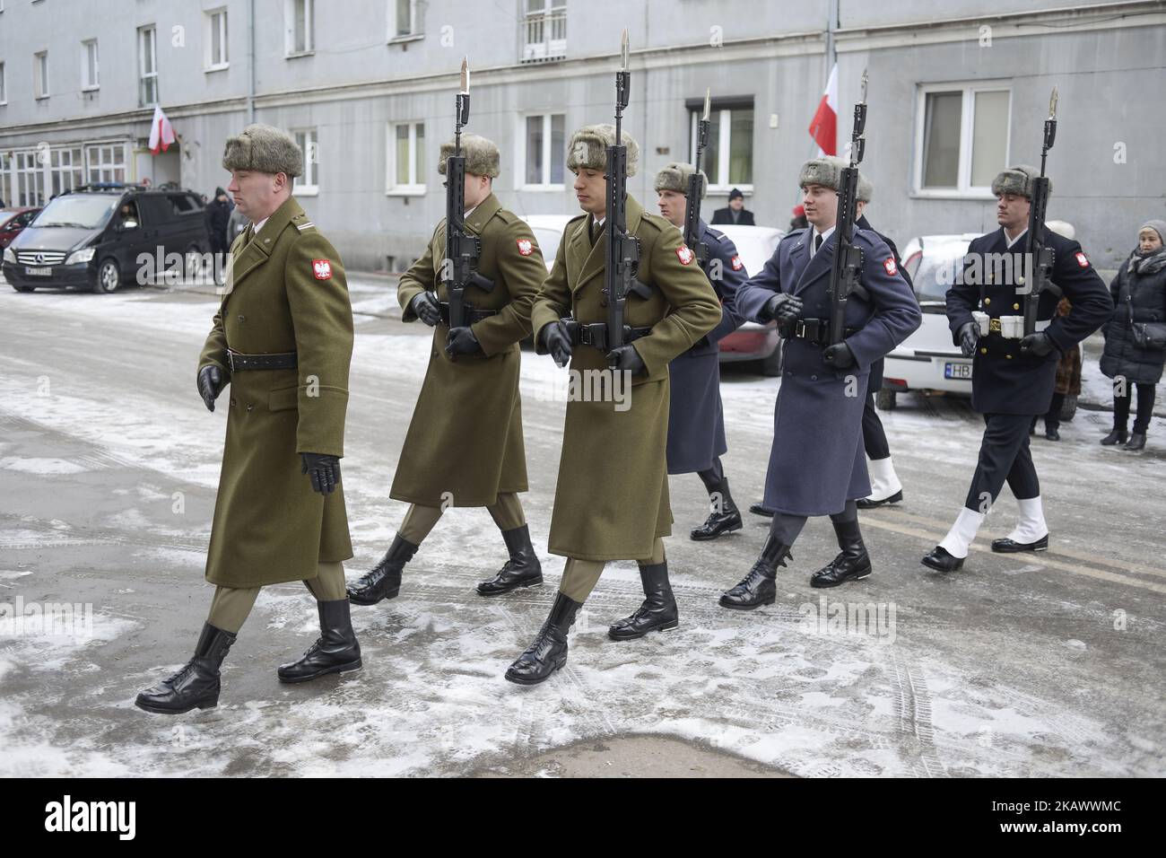 Soldiers are seen at the former headquarters of the Soviet interior ...
