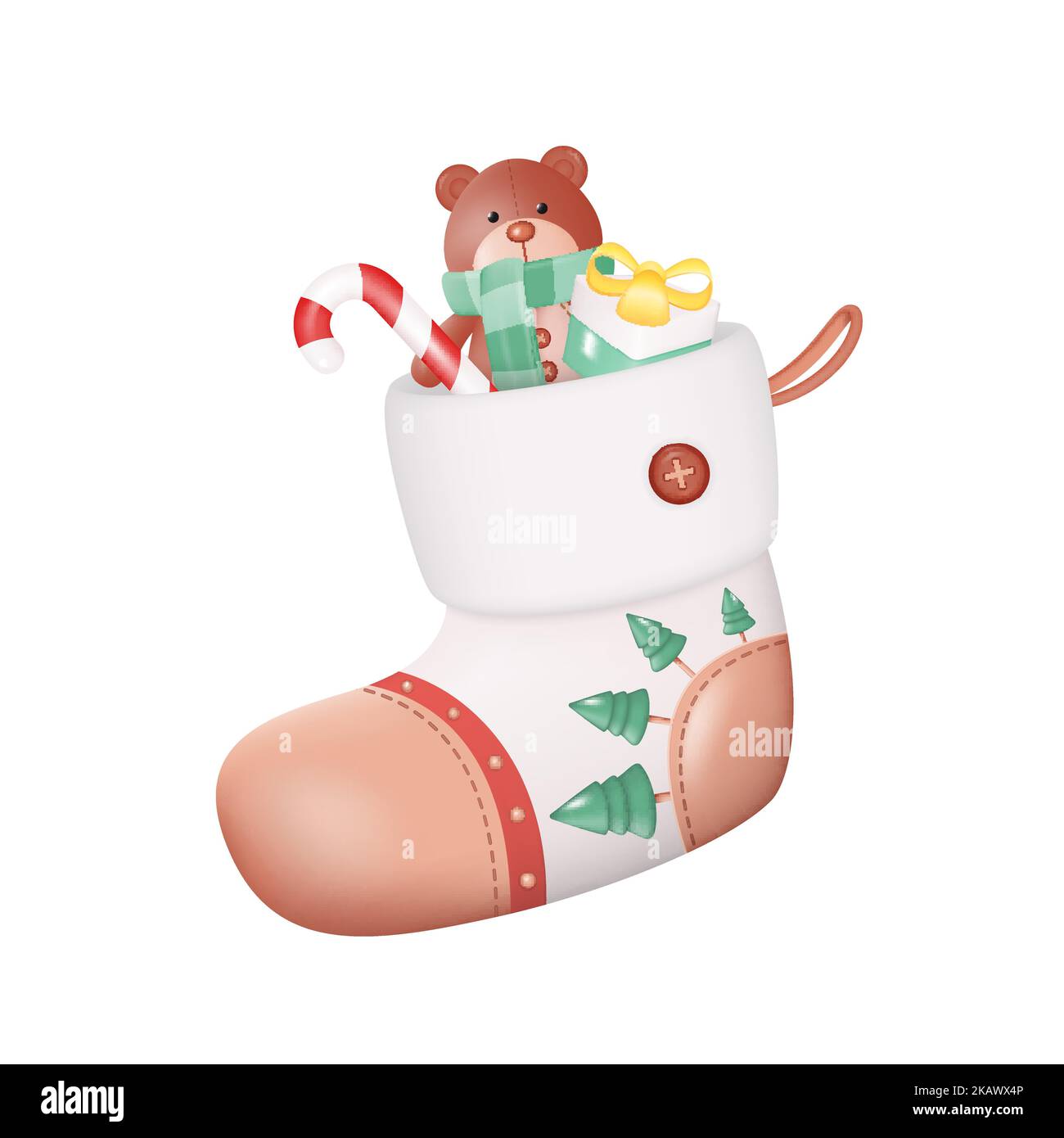 Christmas Stocking with Presents Isolated on White Background. Teddy ...