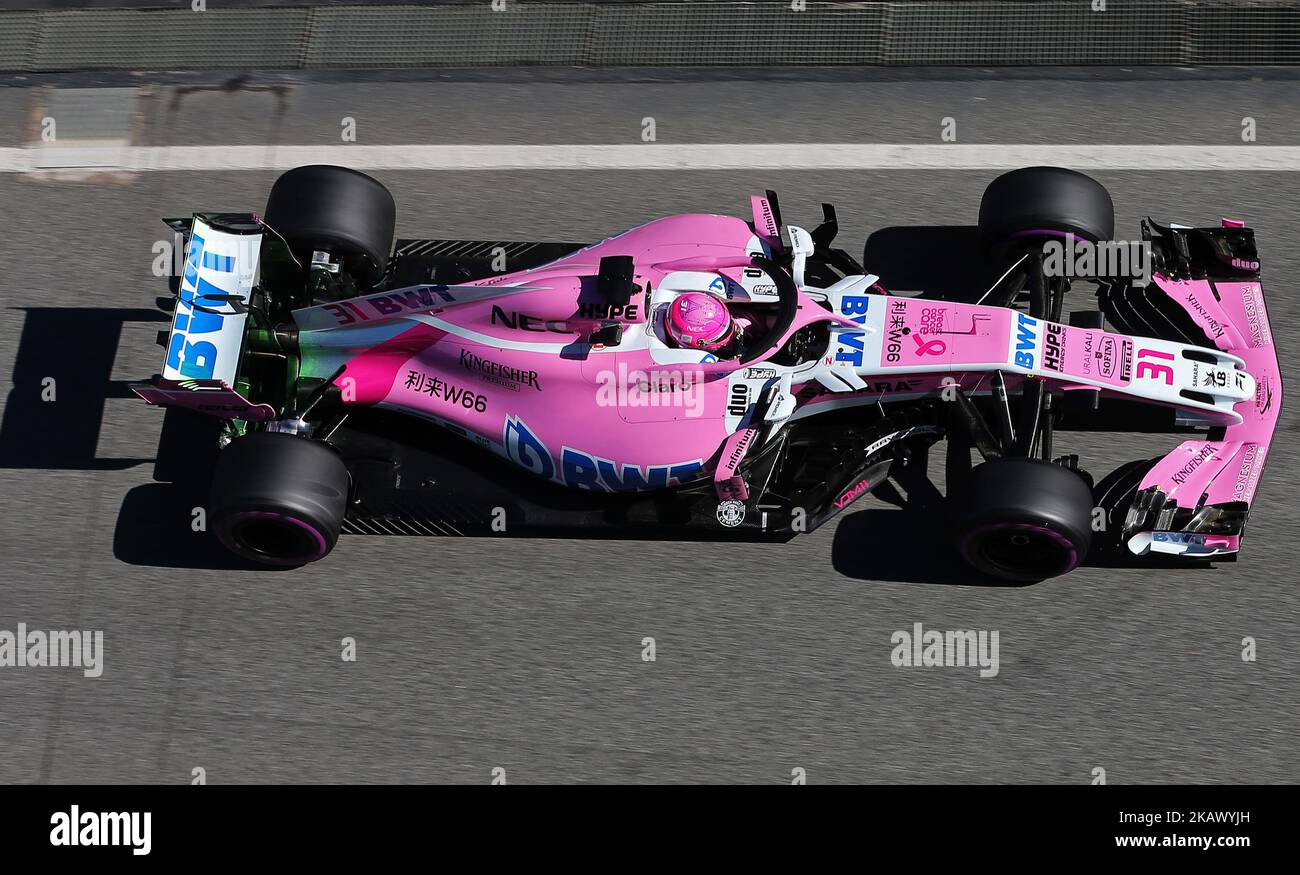 the Force India of Esteban Ocon during the Formula 1 tests at the ...
