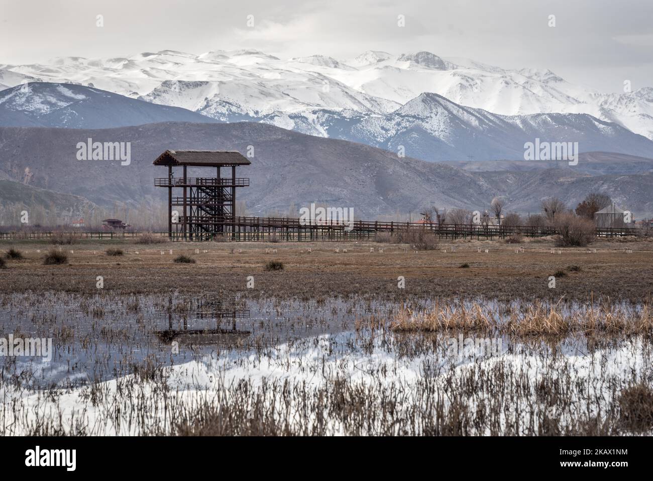 A bird watching hut stands over the Sultansazligi National Park in ...