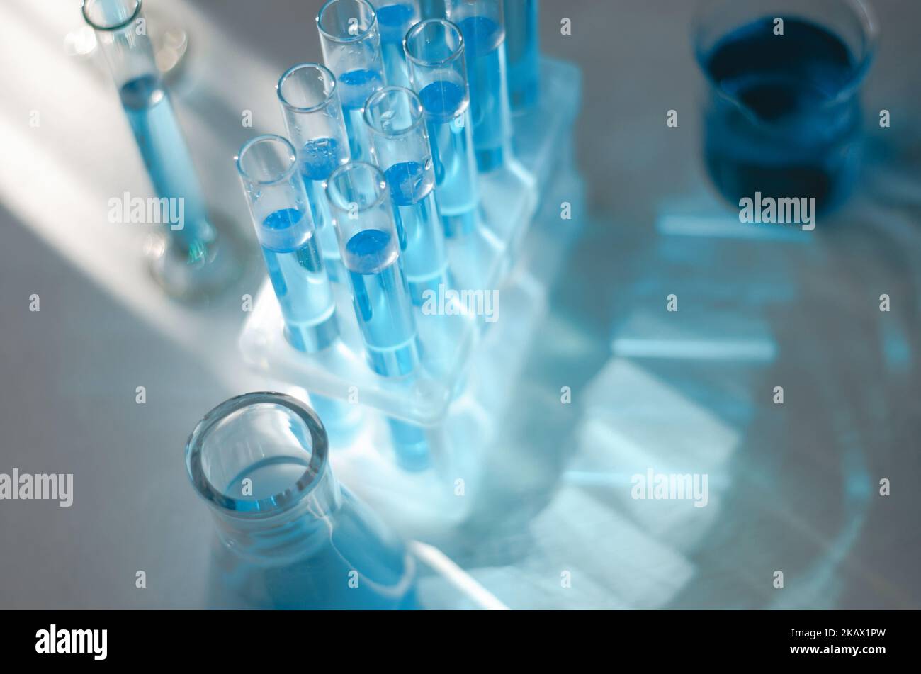 Laboratory flasks and test tubes on the table in the science laboratory ...