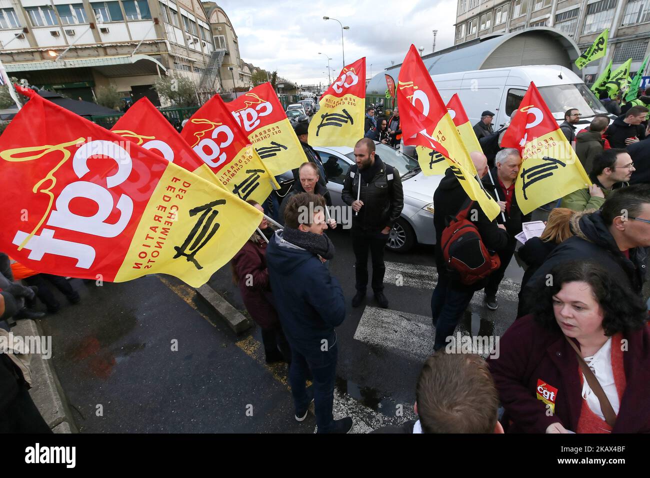 Sud-rail union members gather during a protest against the reform of ...