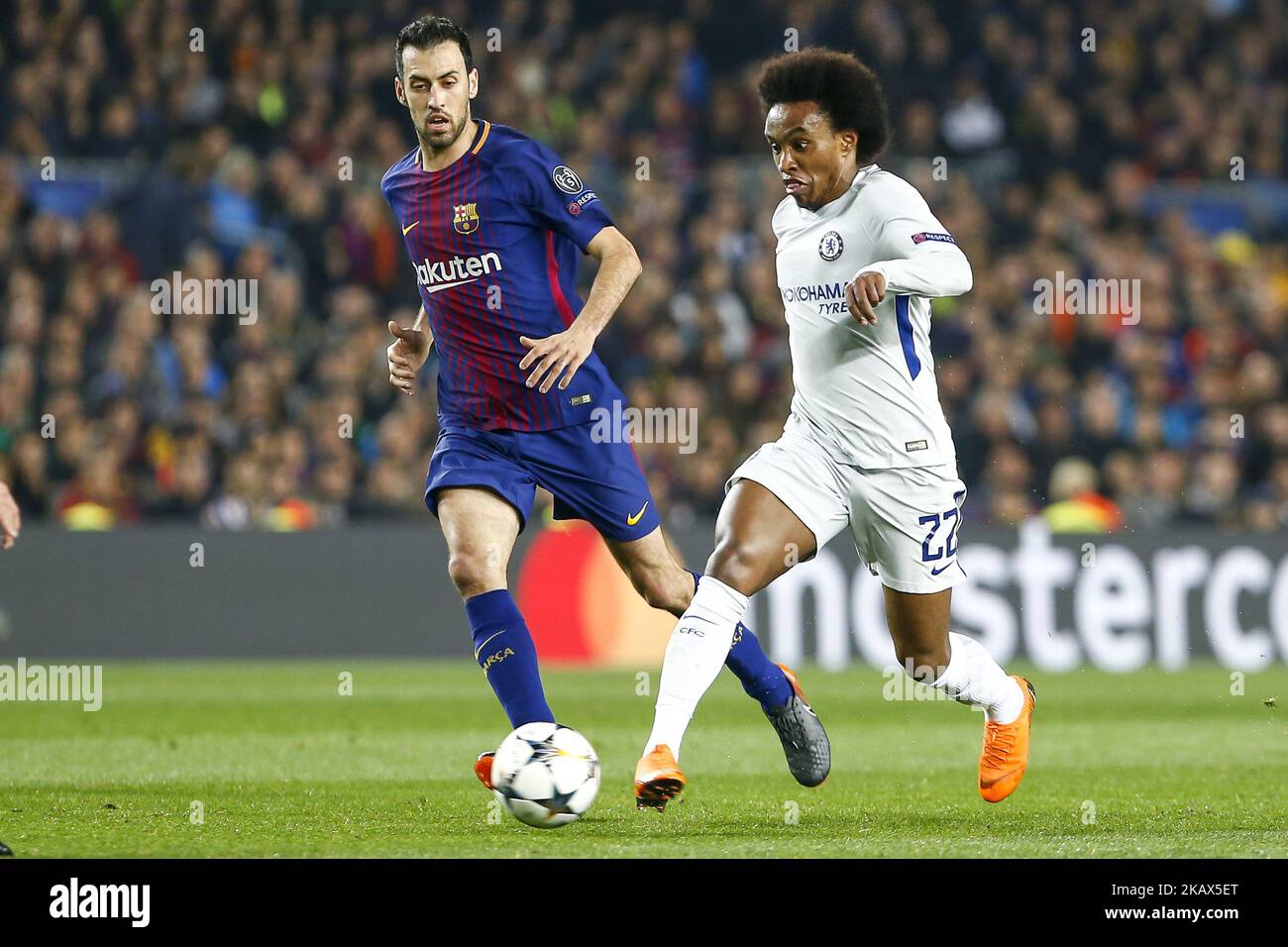 Chelsea FC midfielder Willian (22) and FC Barcelona midfielder Sergio ...