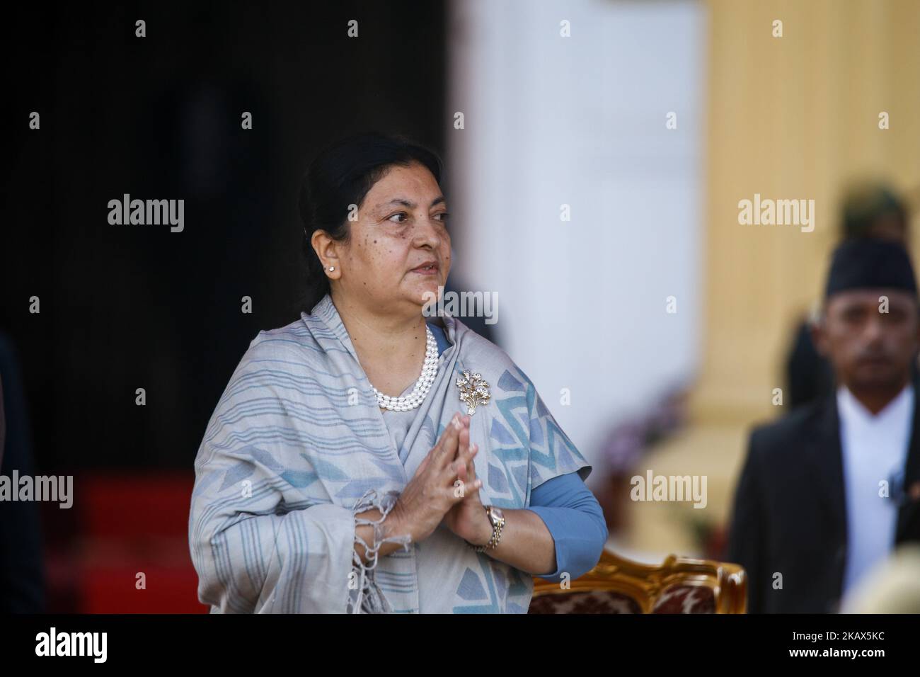 Nepal's president, Bidhya Devi Bhandari, greets during the oath of ...