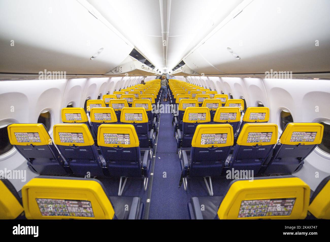 Interior of Ryanair airplanes as seen in Thessaloniki International ...