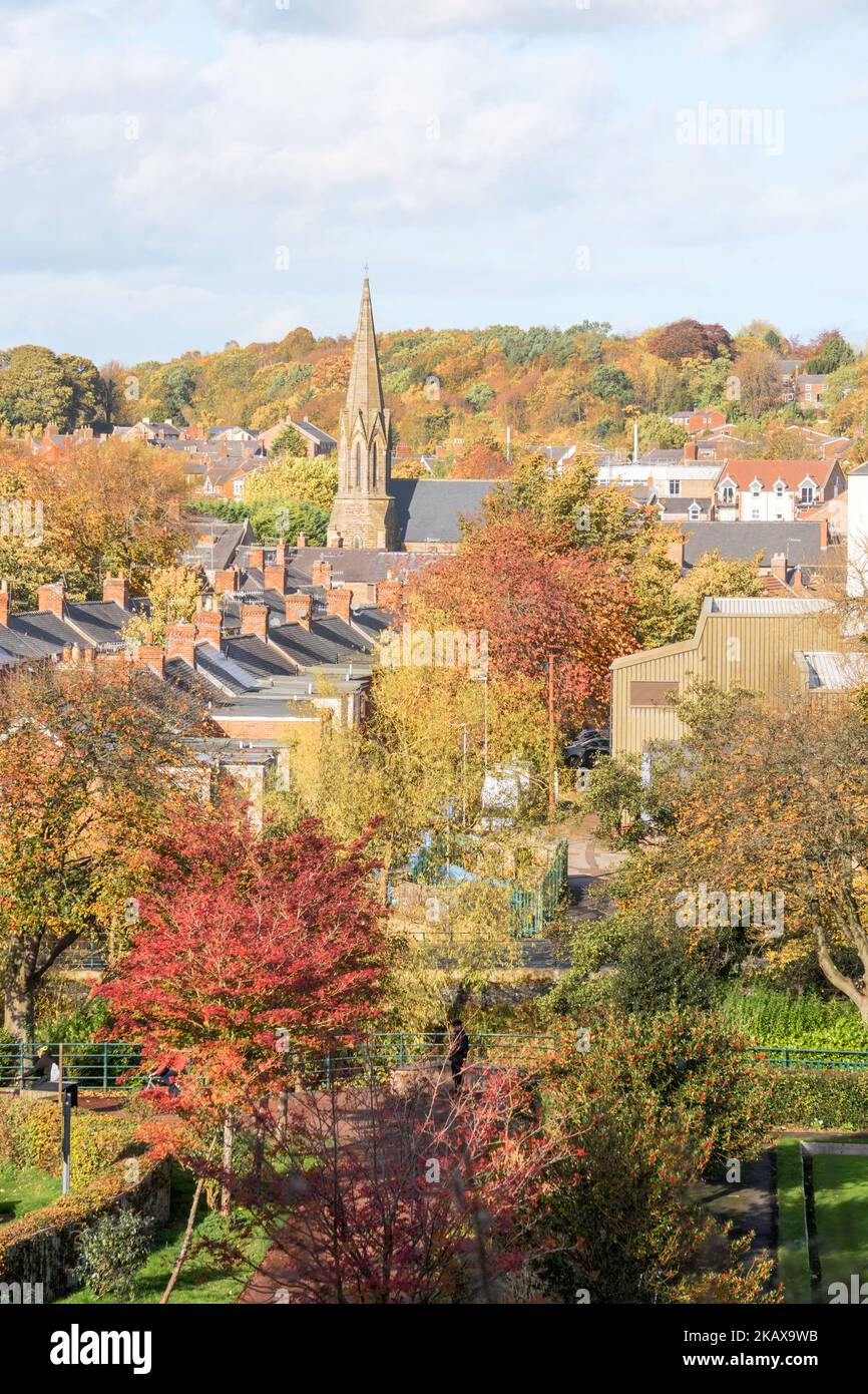 Autumn colour in a view looking north towards St Robert's church tower ...