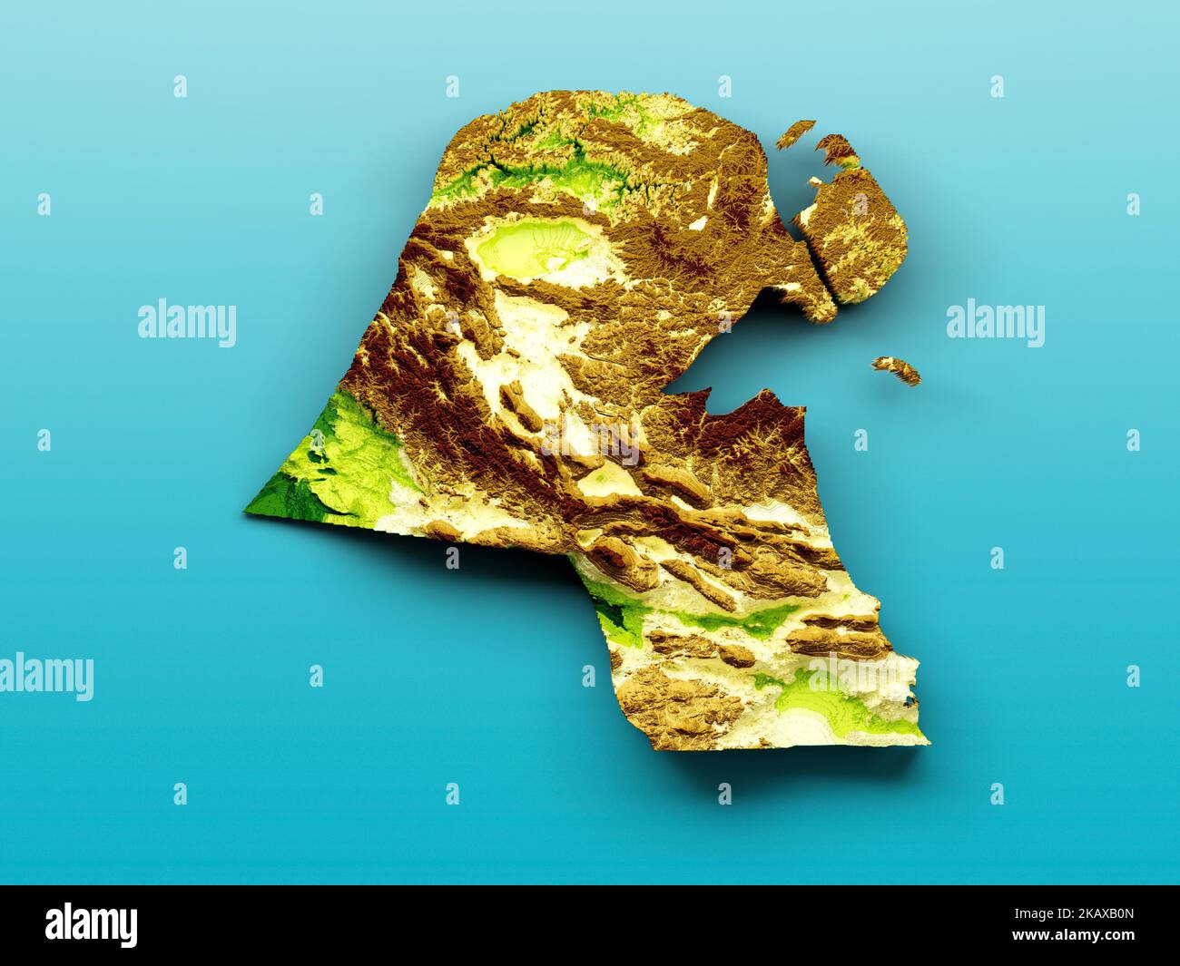 Kuwait Map Shaded relief Color Height map on the sea Blue Background 3d ...