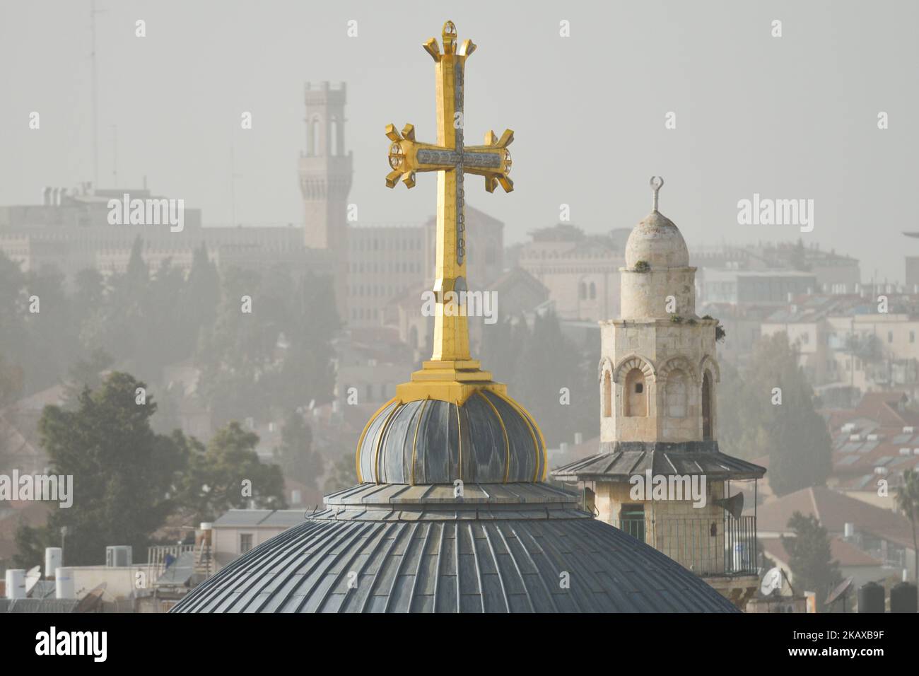 The Christian cross and the star and crescent, symbols of Islam seen in ...