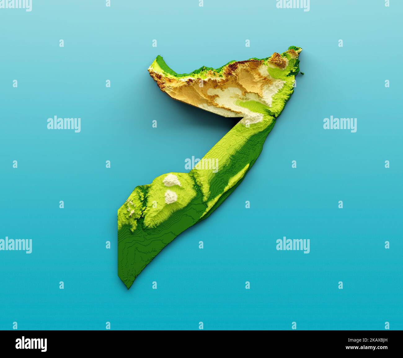 Somalia Map Shaded relief Color Height map on the sea Blue Background ...