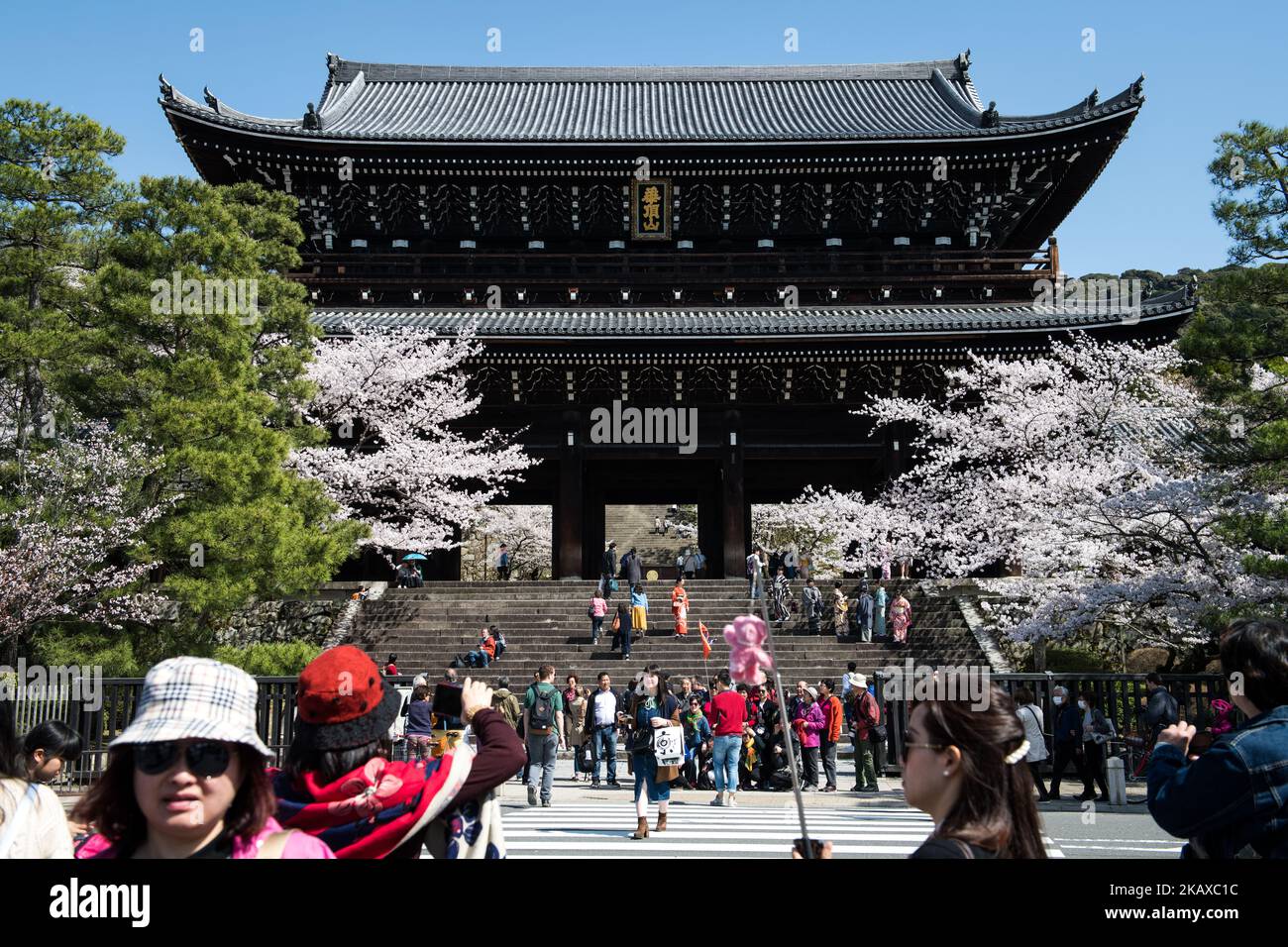 Tourists enter in a massive Sanmon gate during cherry blossom season at the Chion-in Temple in ...
