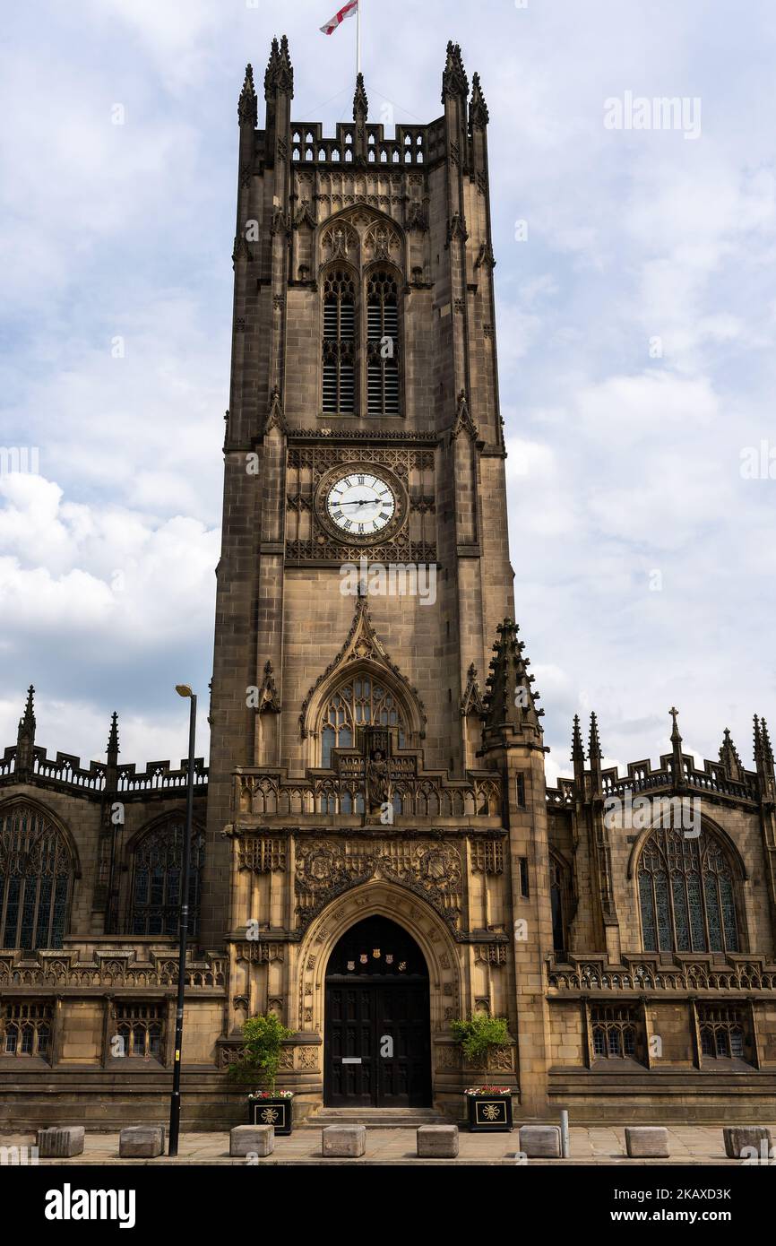 The facade view of the Manchester Cathedral tower, UK, vertical Stock ...