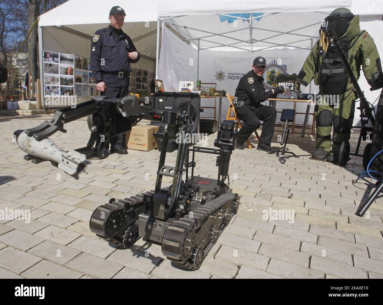 Ukrainian police experts shows of work of a remote-controlled robot ...