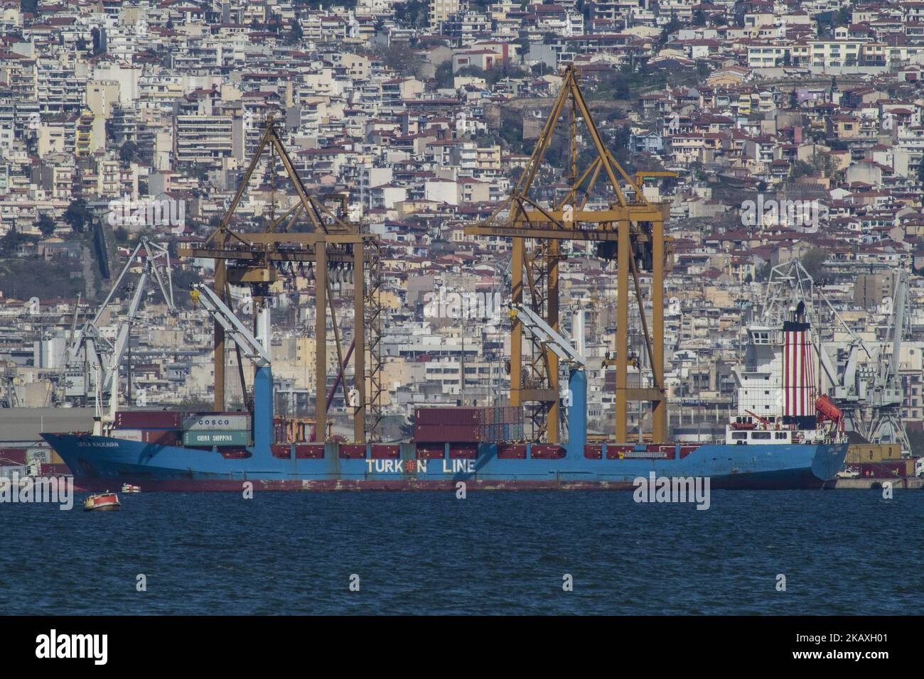 Freighter ships as seen in Thessaloniki city in Greece, having one of ...
