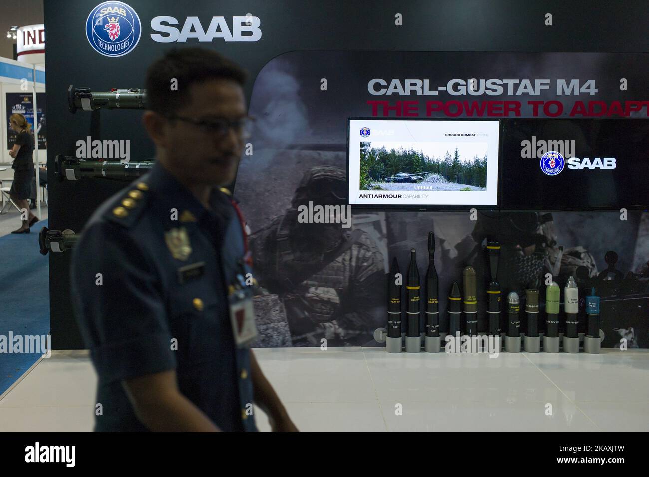 Exhibition booth of Swedish company, Saab Defence and Security is seen ...