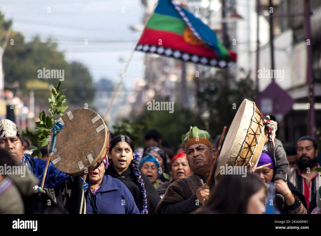 Mapuche play the kultrung (traditional Mapuche instrument) during the ...