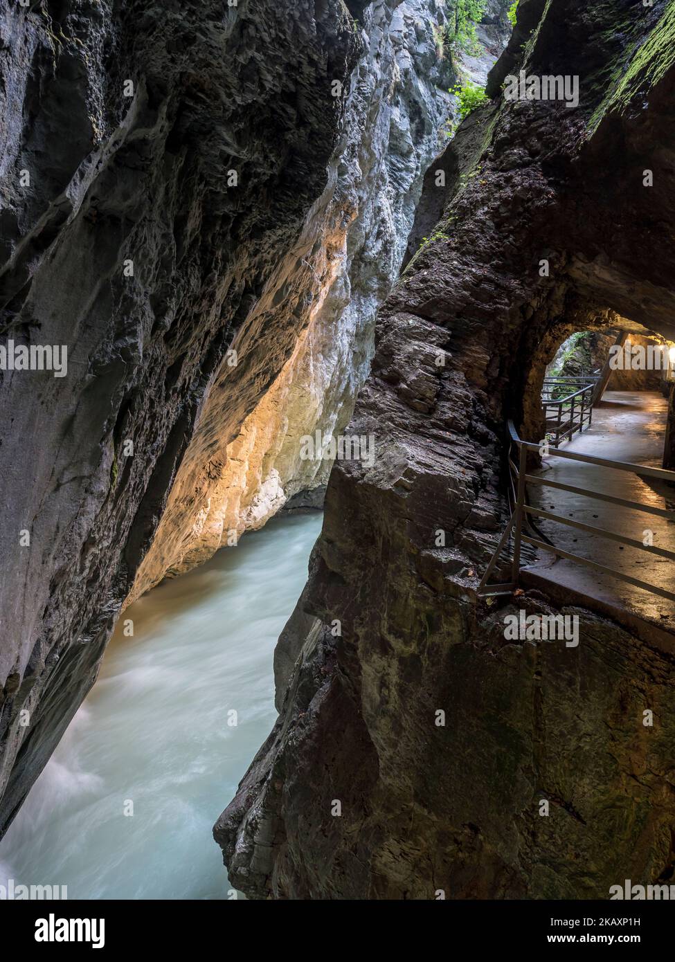 Illuminated narrow section of gorge Aareschlucht, Aare Gorge, Haslital ...