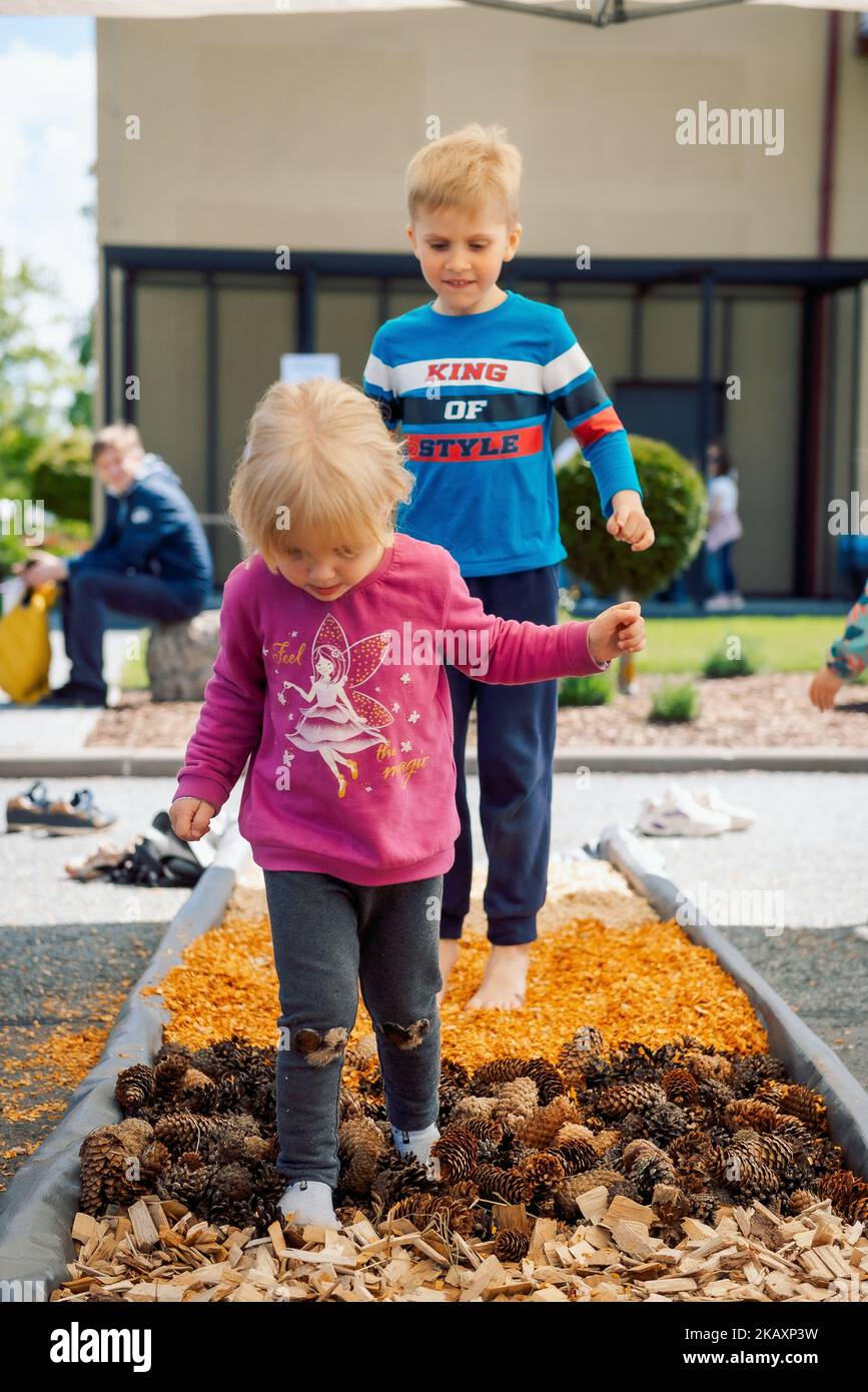 The vertical view of children walking barefoot on cones and woodchips ...