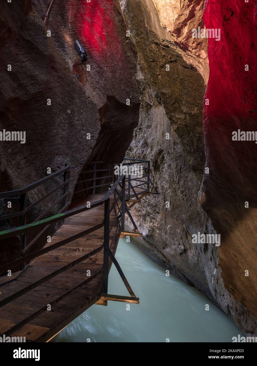Illuminated narrow section of gorge Aareschlucht, Aare Gorge, Haslital ...