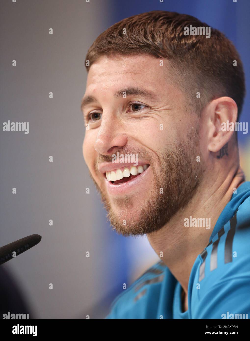 Sergio Ramos of Real Madrid attends a press conference at Valdebebas ...