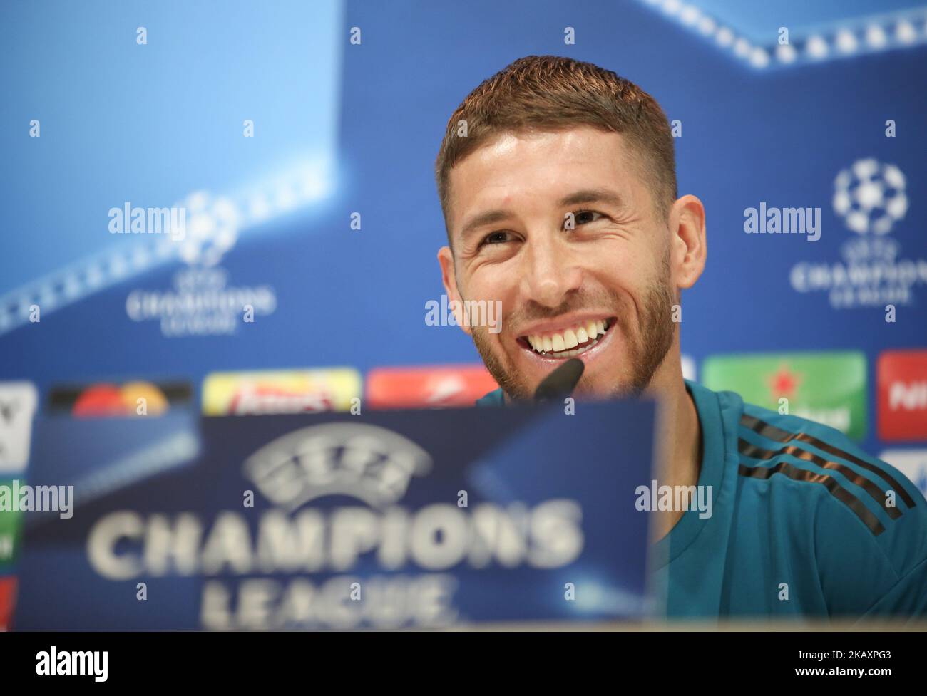 Sergio Ramos of Real Madrid attends a press conference at Valdebebas ...