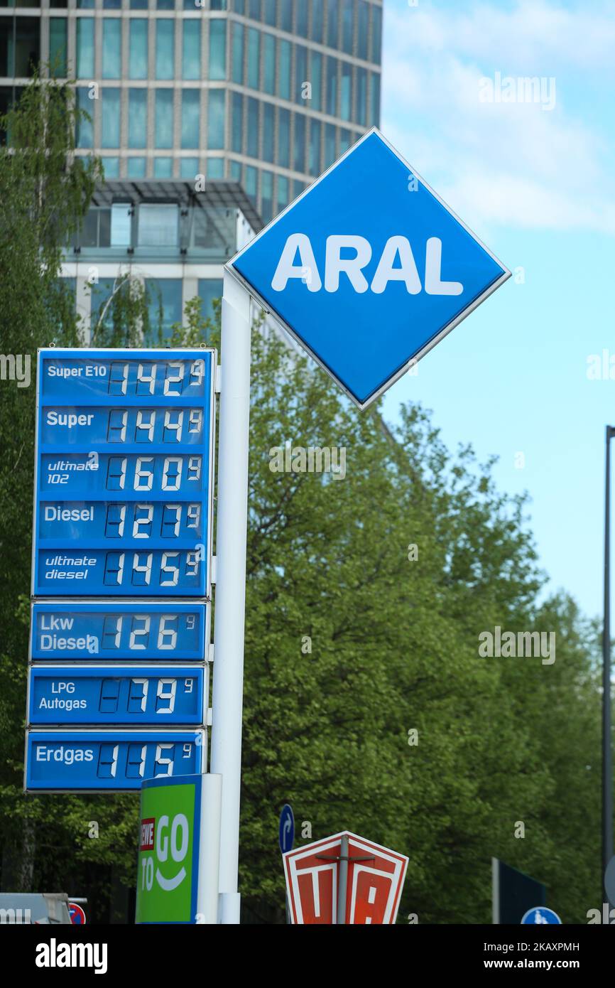 The logo of the German filling station Aral is seen next to the fuel ...