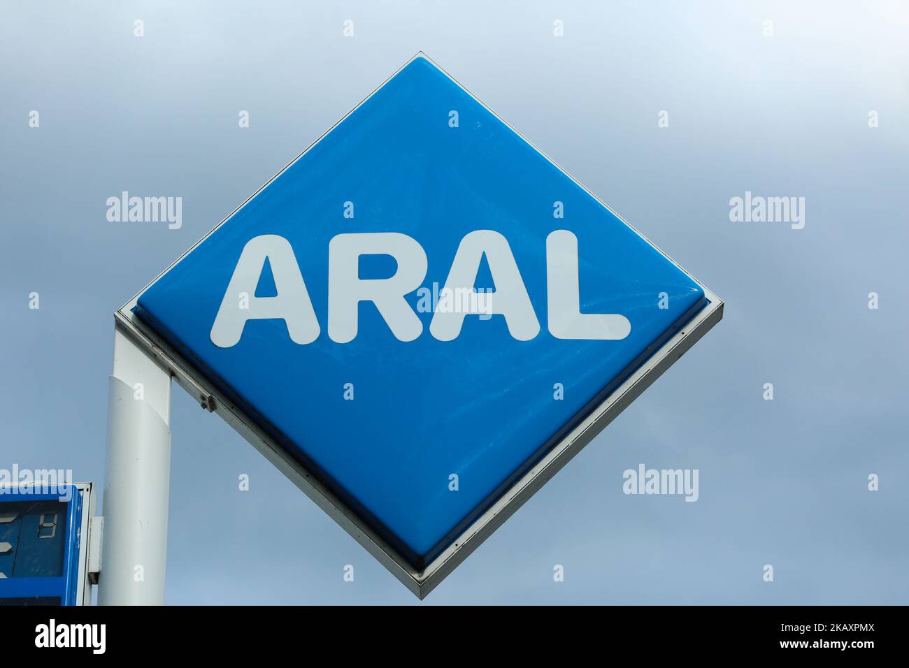 The logo of the German filling station Aral is seen in Munich, Germany ...