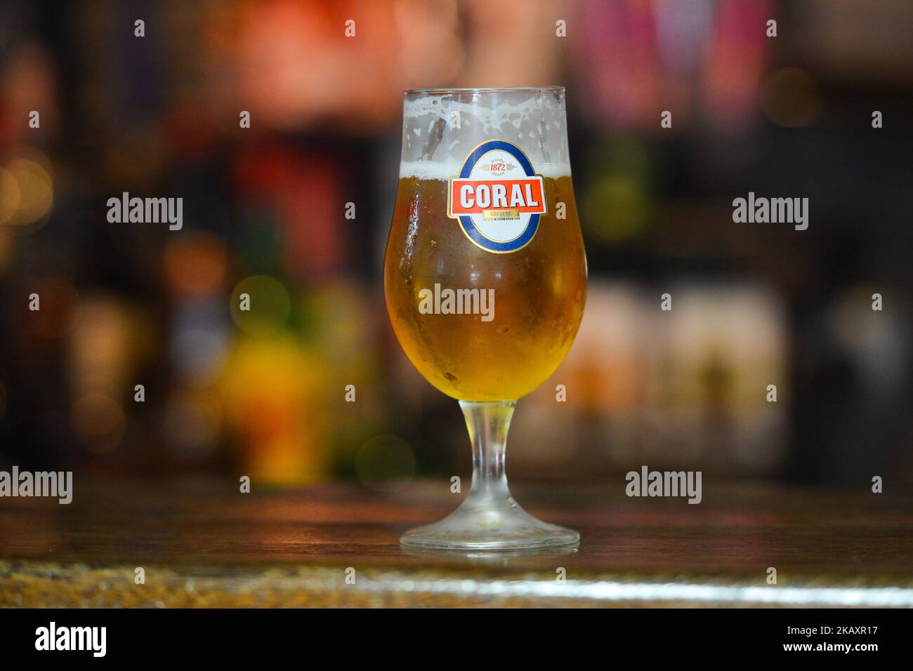 A view of a glass of Coral lager, a local beer produced in the Madeira ...
