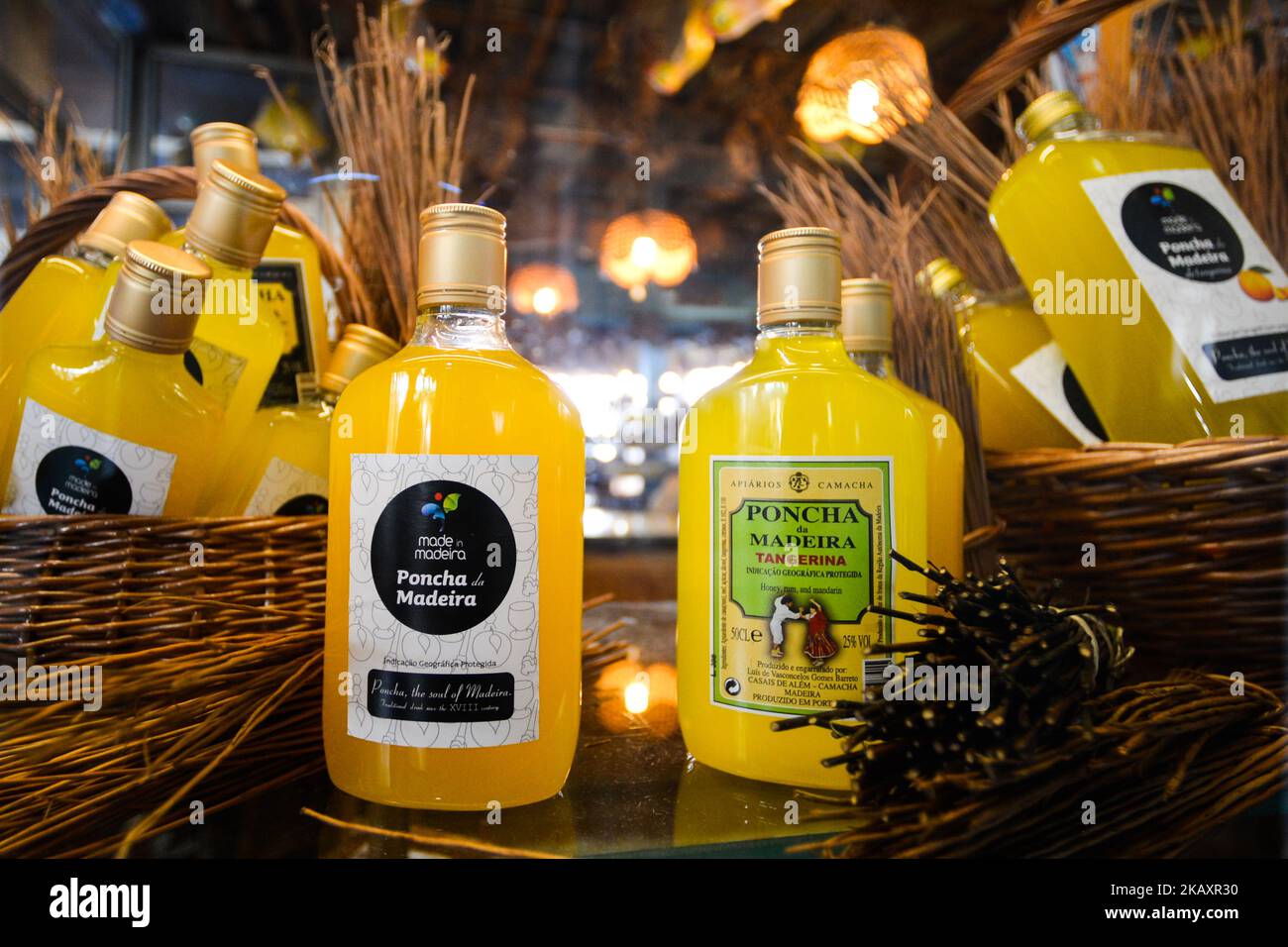 A view of bottles Poncha, a traditional alcoholic drink from the island ...