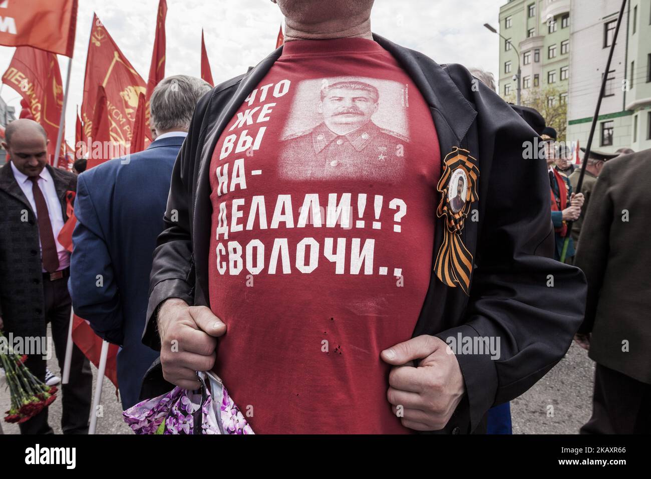 Man shows a shirt in support of Stalin during the celebrations of the ...