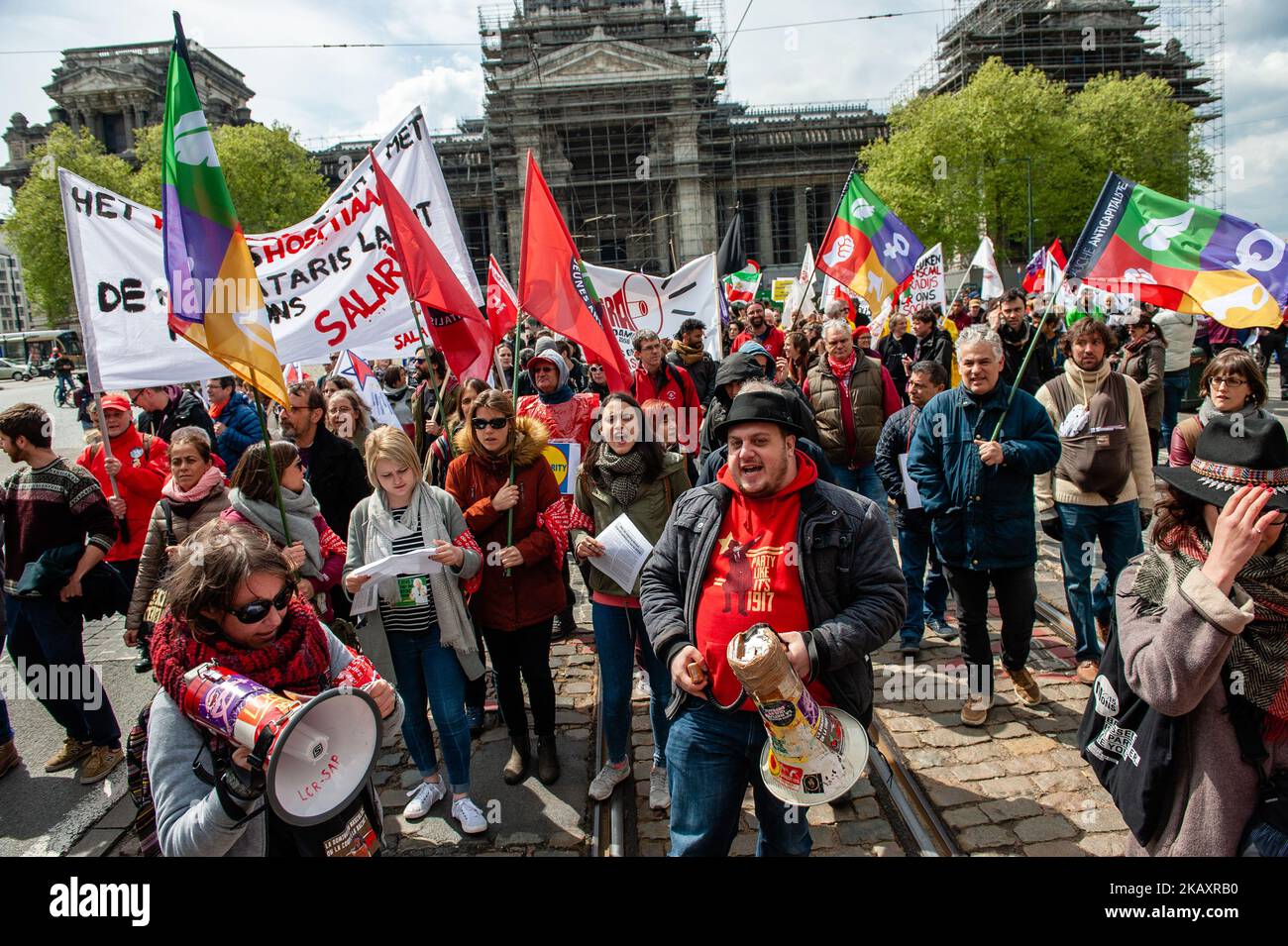 Several trades unionists gathering at the Place Poelaert closer to the ...