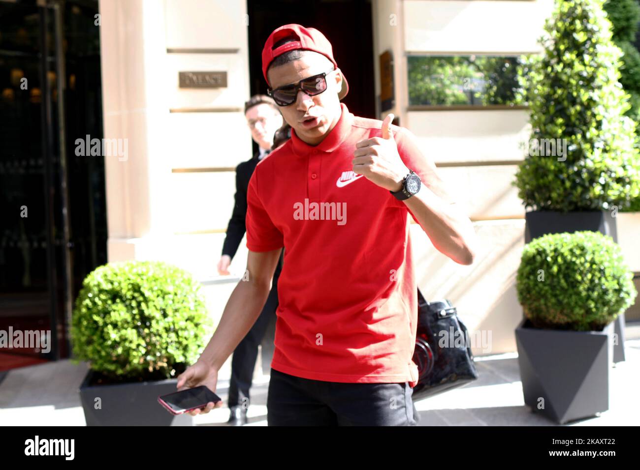 Kylian Mbappe seen leaving the Royal Monceau hotel in Paris, France, on ...