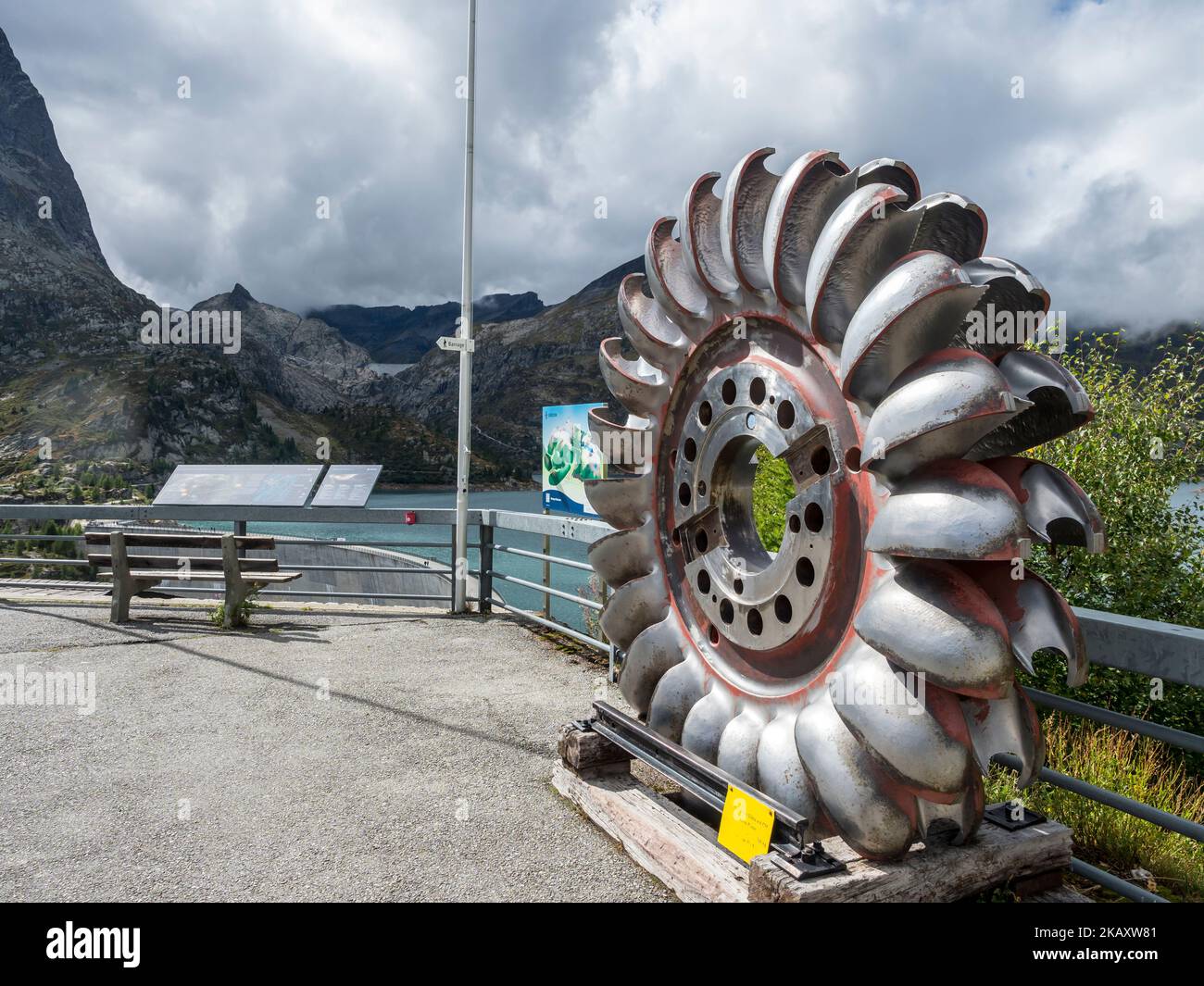 Exhibition of water turbine at reservoir dam Barrage Emosson, Finhaut ...